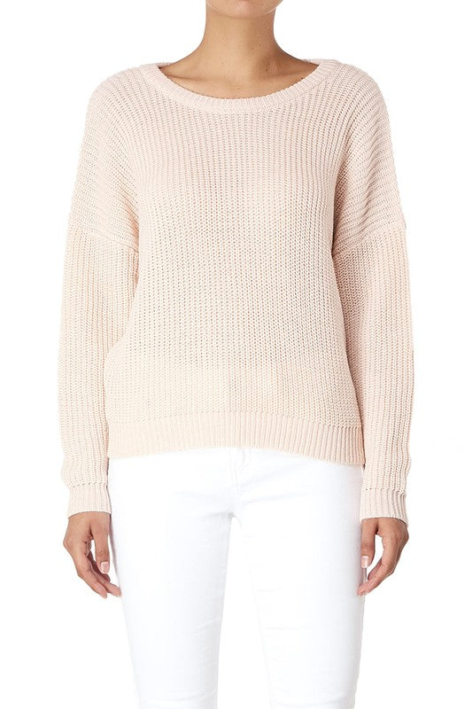 Yemak Women's Oversized Waffle Knit Sweater Pullover with Back Bow MK8